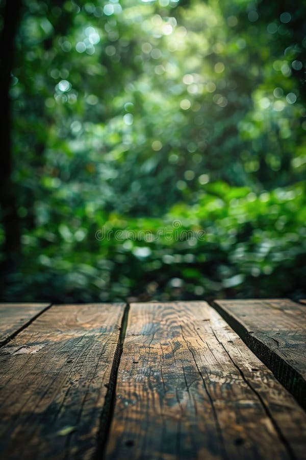 A Rustic Wooden Table Situated Amidst a Dense Forest Stock Image ...