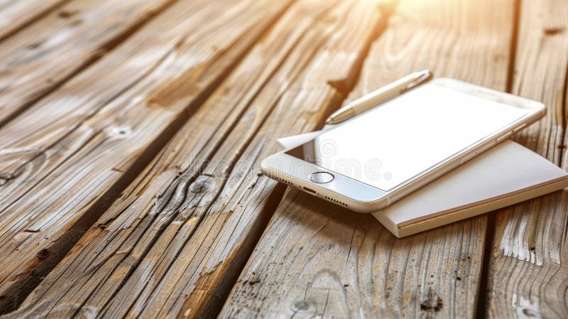 Rustic Wooden Table with Smartphone, Notepad, and Vintage Pen in ...