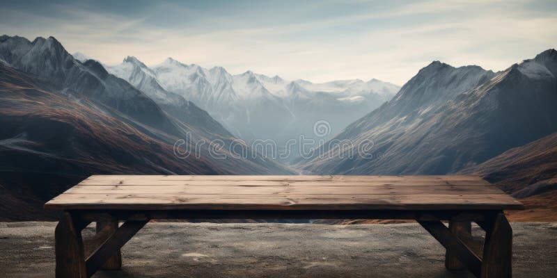 Rustic Wooden Table with Snow Mountain for Product Display. Product ...