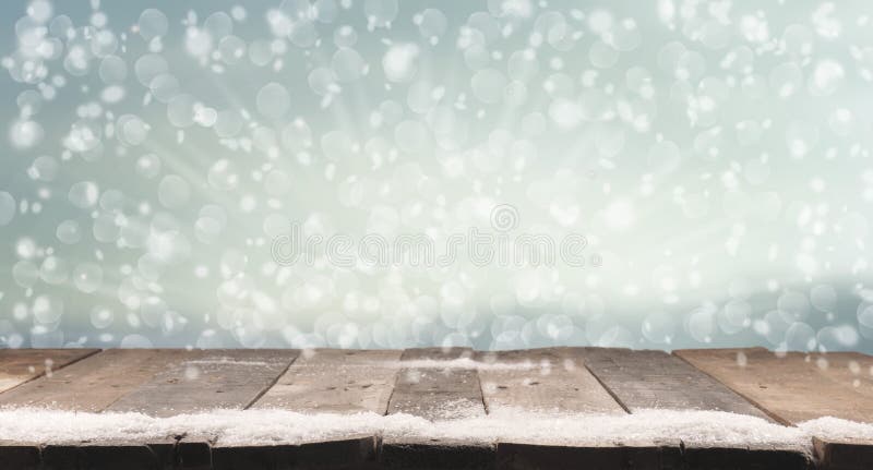 Rustic Wooden Table with Snow and Winter Landscape Stock Photo - Image ...