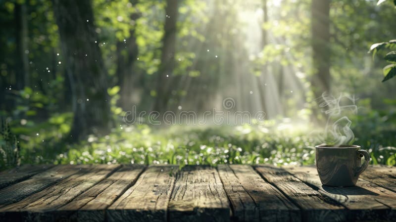 Rustic Wooden Table with a Steaming Cup in a Serene Forest, Sun Rays ...