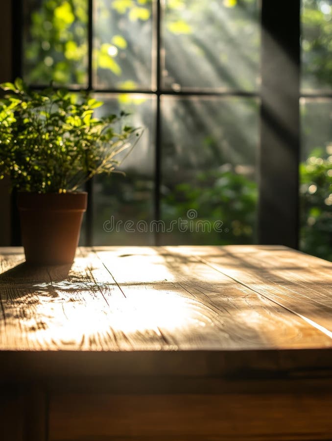 A Rustic Wooden Table with Sunbeams Streaming through a Window Creating ...