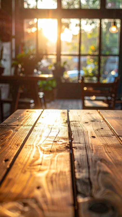 Rustic Wooden Table in Sunlit Cafe Interior Stock Illustration - Illustration of texture ...