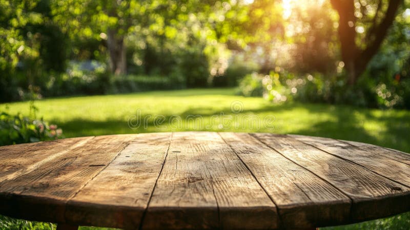 Rustic Wooden Table in a Sunny Garden Stock Illustration - Illustration ...
