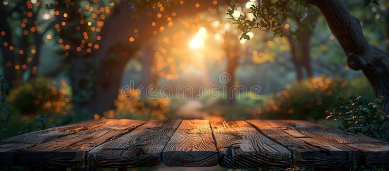 A Rustic Wooden Table at Sunset with String Lights in a Forest ...