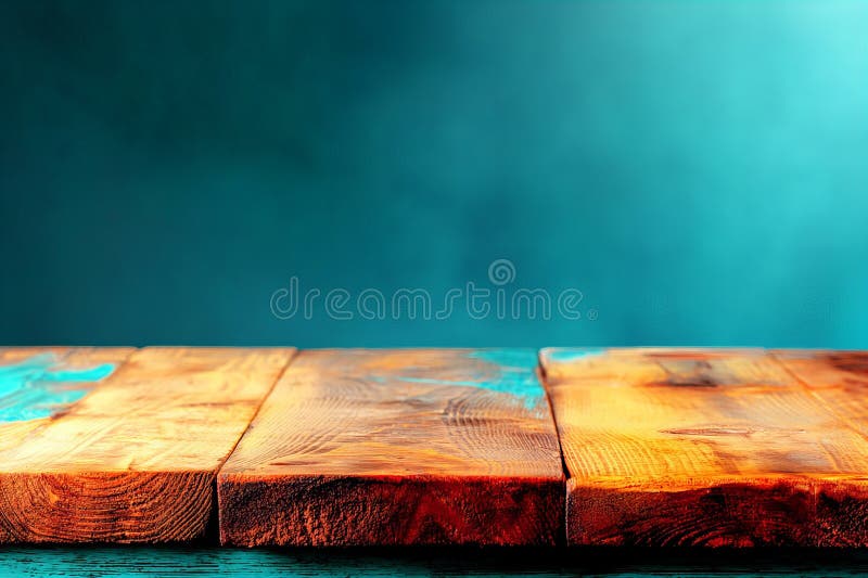 Rustic Wooden Table Surface Against Turquoise Background Stock ...