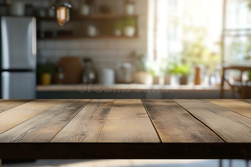 Rustic Wooden Table Surface in a Blurry Cozy Kitchen Interior for ...