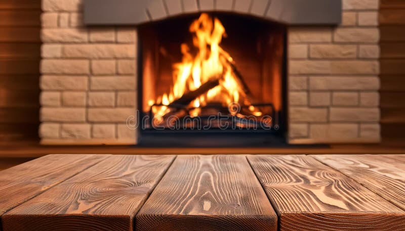 Rustic Wooden Table Surface and Fireplace. Warm Winter Ambiance ...
