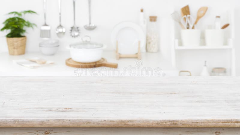 Rustic Wooden Table Top on Blurred Kitchen Shelf Background Stock Image ...