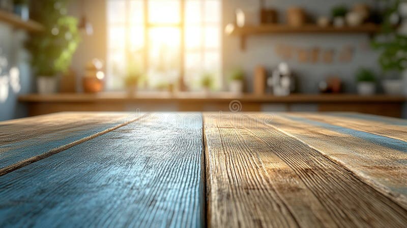 A Rustic Wooden Table Top with a Blurry Background of a Kitchen with a ...