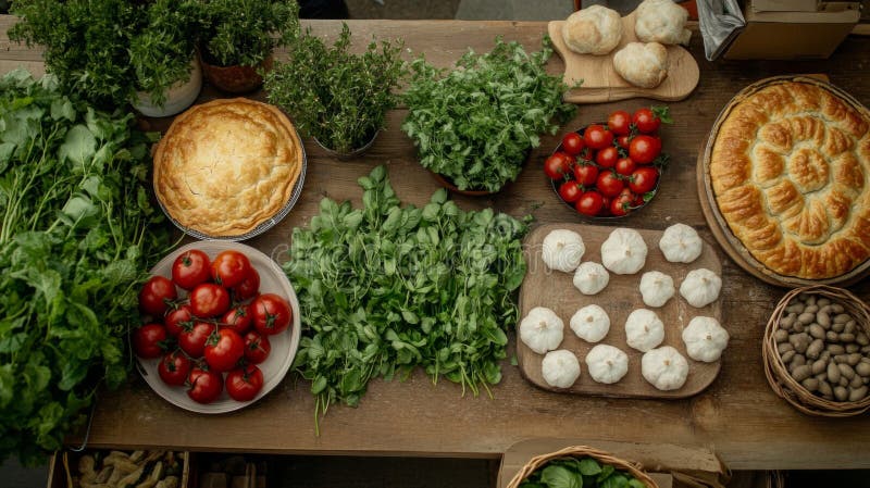 A Rustic Wooden Table Top with Various Food Items Stock Illustration ...