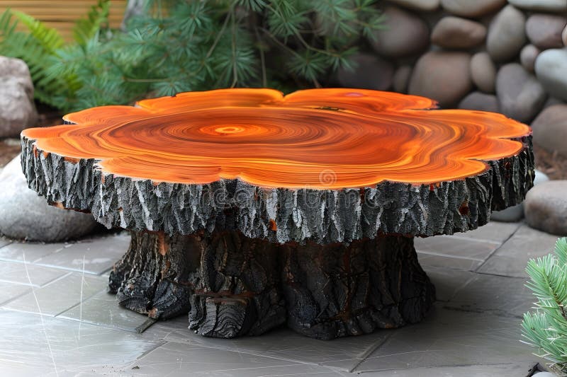Rustic Wooden Table with Tree Ring Design for Outdoor Garden Decor ...