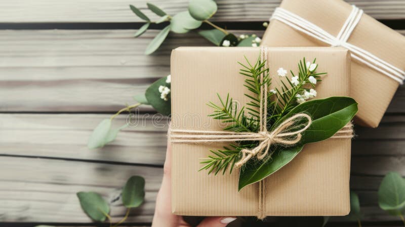 On a Rustic Wooden Table, Two Gift Boxes are Elegantly Wrapped in Brown ...