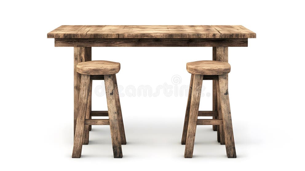 Rustic Wooden Table and Two Stools Set for Kitchen or Bar Interior ...