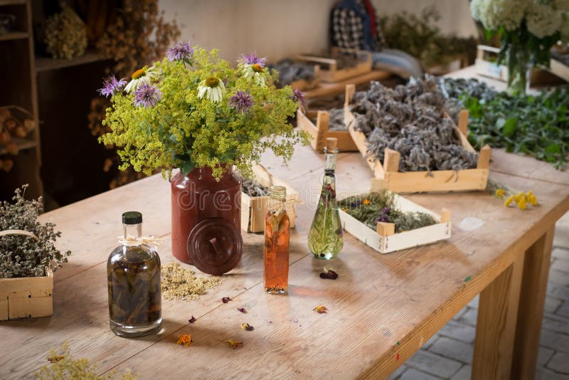 Rustic Wooden Table with Various Herbs and Flowers Stock Photo - Image ...