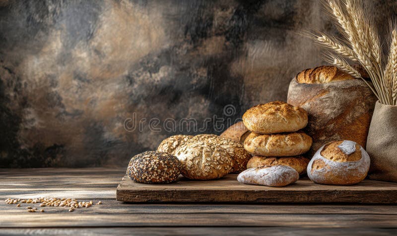 A Rustic Wooden Table with Various Types of Artisanal Bread Showcasing ...