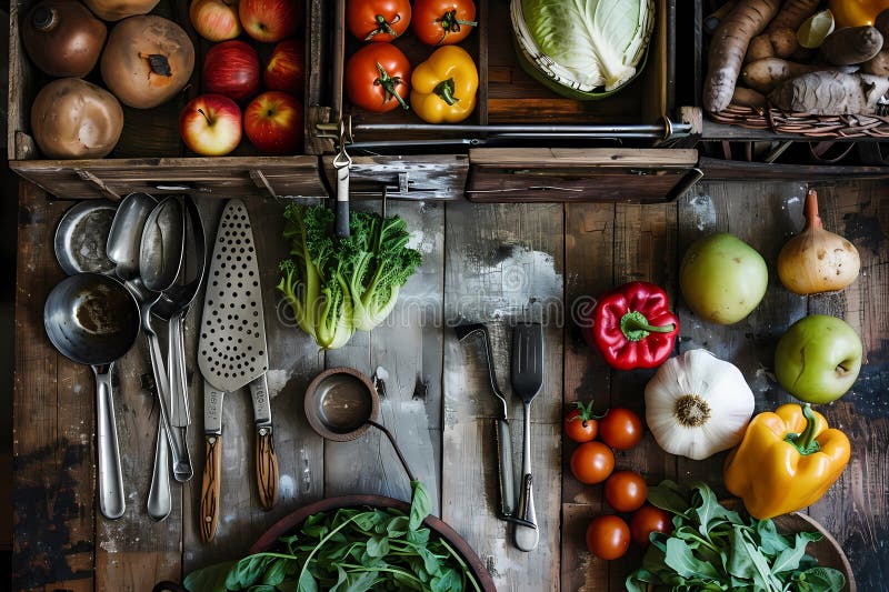 A Rustic Wooden Table with Various Vegetables and Fruits, Surrounded by ...