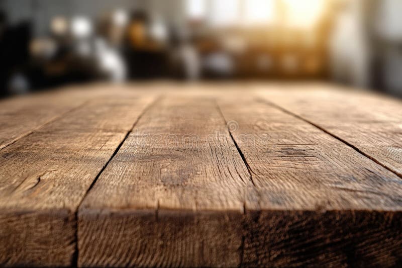 Rustic Wooden Table with Weathered Texture in Warm Interior Lighting ...