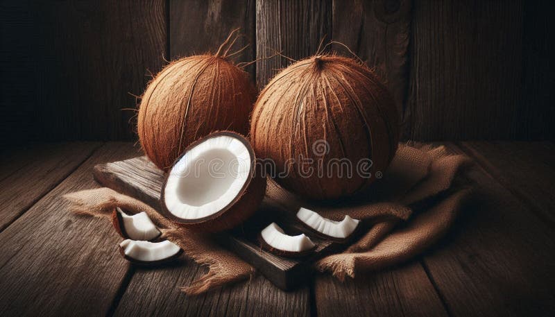 A Rustic Wooden Table with Whole and Halved Coconuts. Stock ...
