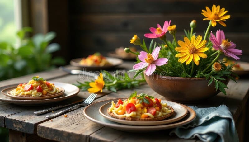 Rustic Wooden Table Wildflowers Rustic Plates Soft Lighting Soft Rustic ...