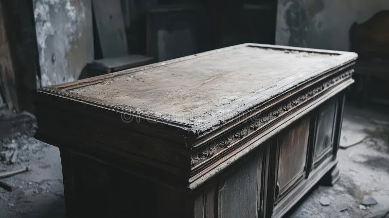 Rustic Wooden Table with Worn Surface Surrounded by Dust and Decay in ...