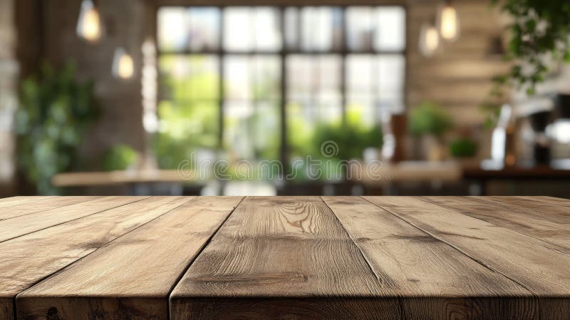Rustic Wooden Tabletop Against Blurred Cafe Background Stock ...