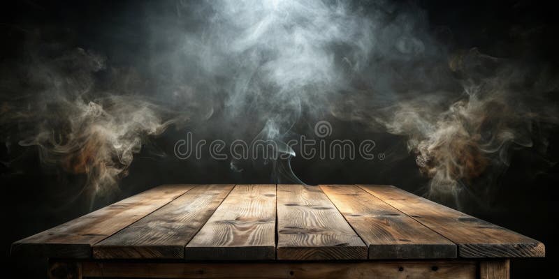 Rustic Wooden Tabletop with Atmospheric Smoky Background Ideal for ...