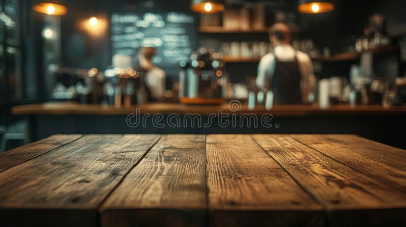 Rustic Wooden Tabletop in a Blurred Coffee Shop Setting Stock ...