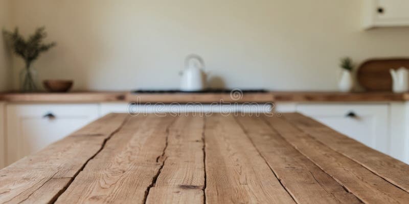 Rustic Wooden Tabletop with Blurred Kitchen Background. Stock ...