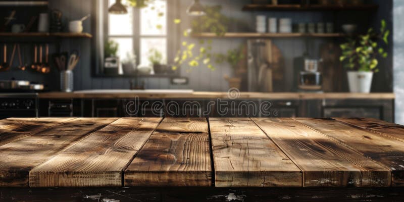 Rustic Wooden Tabletop with Blurred Kitchen Background for Interior ...