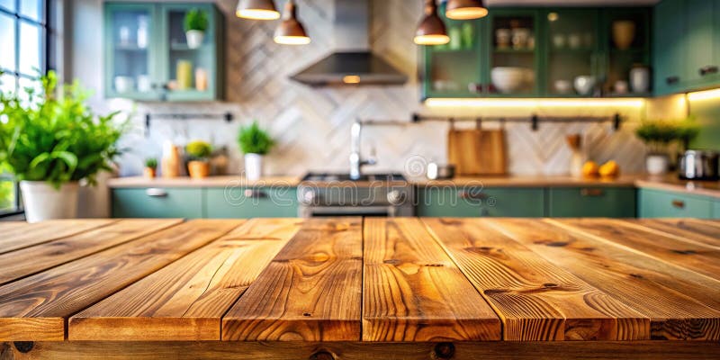 Rustic Wooden Tabletop with a Blurred Kitchen Counter Background a ...