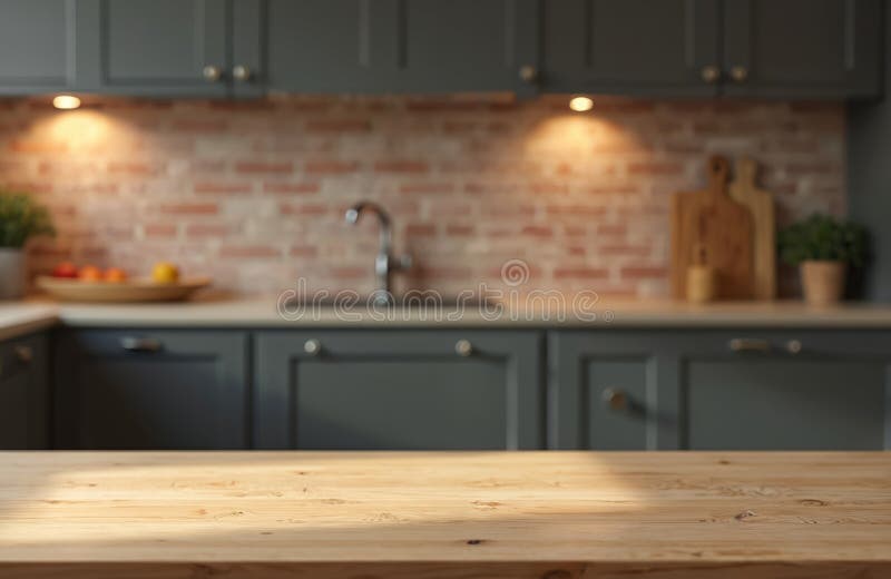 Rustic Wooden Tabletop with Blurred Kitchen Interior. Empty Counter ...