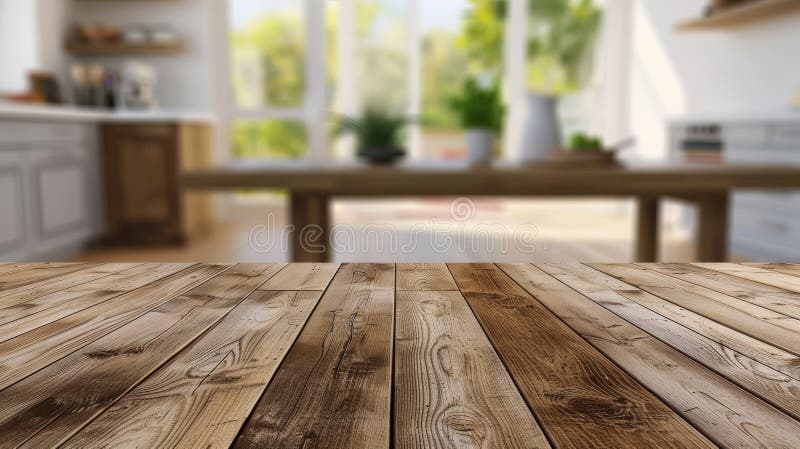 Rustic Wooden Tabletop with Blurred Modern Kitchen Background Stock ...