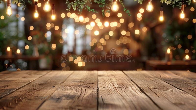 Rustic Wooden Tabletop with Bokeh Lights in a Restaurant Stock Photo ...