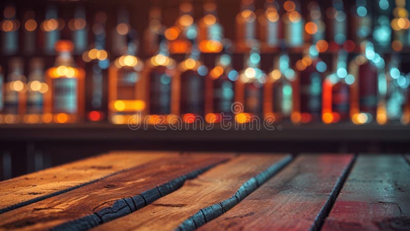 Rustic Wooden Tabletop in a Cozy Bar Setting with Warm Lighting and ...