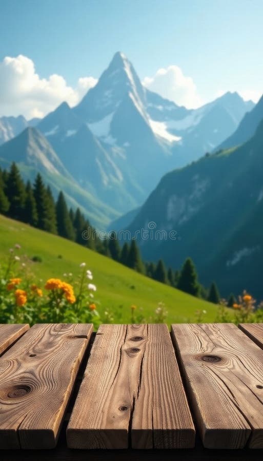 Rustic Wooden Tabletop, Scenic Mountain Range Backdrop, Photography ...