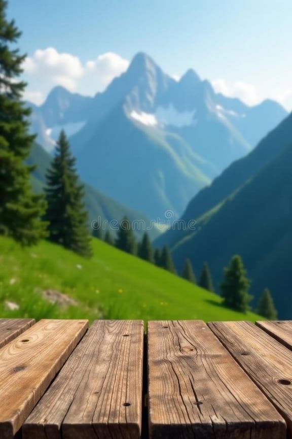 Rustic Wooden Tabletop, Scenic Mountain Range Backdrop, Sky, Surface ...