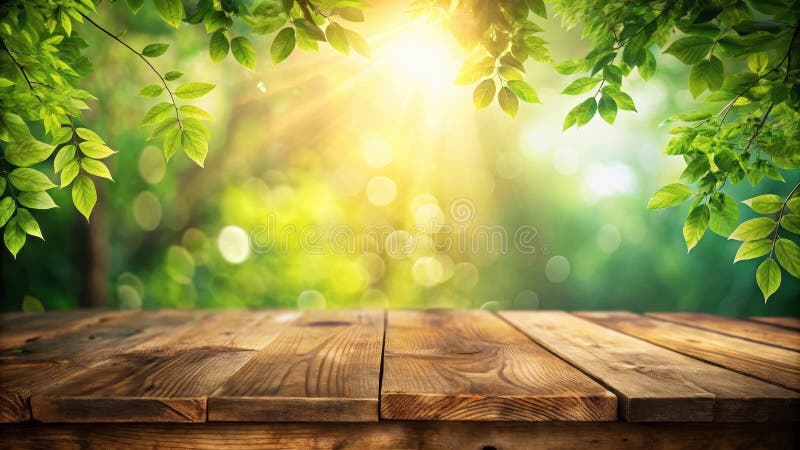 Rustic Wooden Tabletop in a Sunlit Green Forest Setting. Generative AI ...