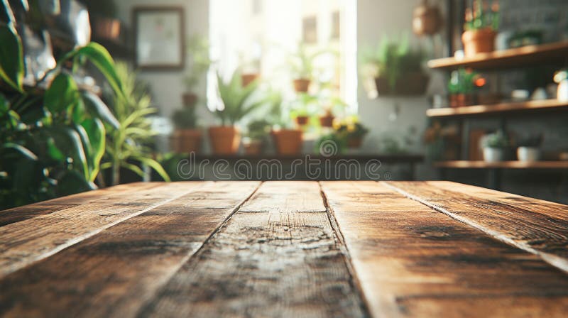 Rustic Wooden Tabletop in Sunlit Greenhouse with Lush Greenery ...
