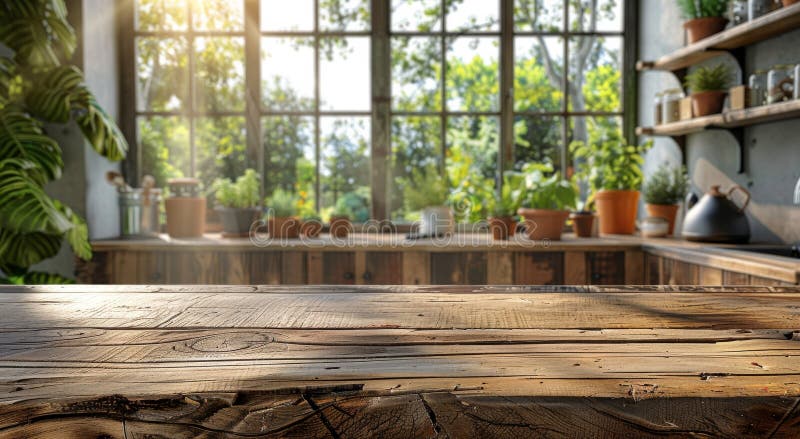 Rustic Wooden Tabletop with Sunny Window View in Kitchen Stock Photo ...