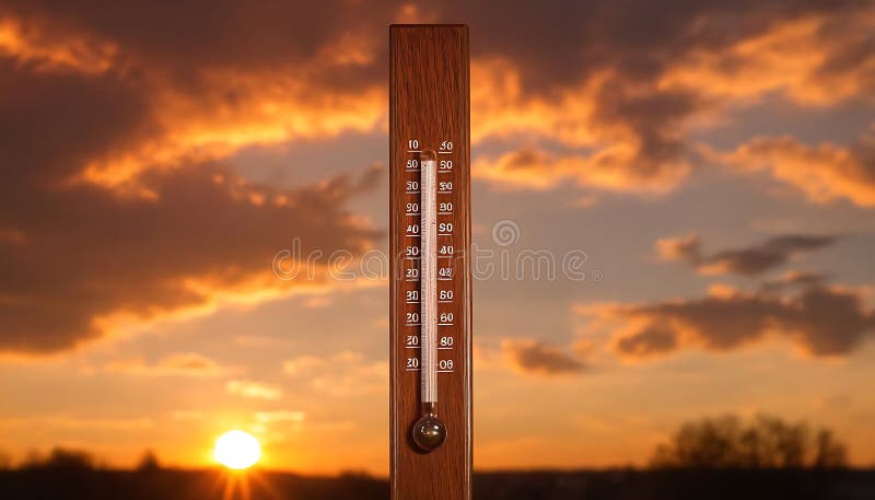 Rustic Wooden Thermometer Against a Stunning Sunset Background Stock ... Rustic Wooden Thermometer Against a Stunning Sunset Background Stock ...