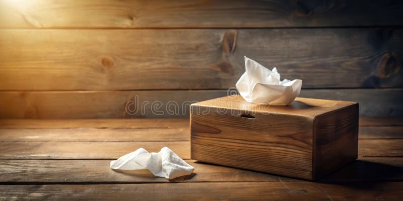 Rustic Wooden Tissue Box with Crumpled Tissues on a Wooden Surface ...