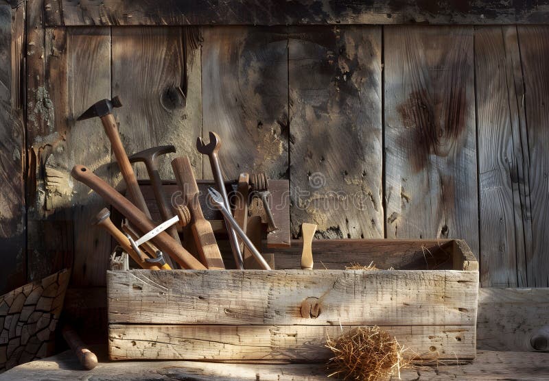 Rustic Wooden Toolbox with Tools & Barn Wall Stock Illustration ...