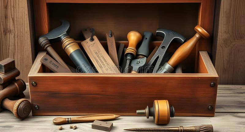 Rustic Wooden Toolbox with Vintage Hand Tools in Workshop Setting Stock ...