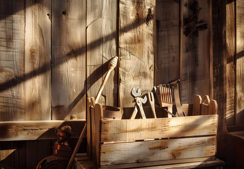 Rustic Wooden Toolbox with Vintage Tools in Sunlight Stock Illustration ...