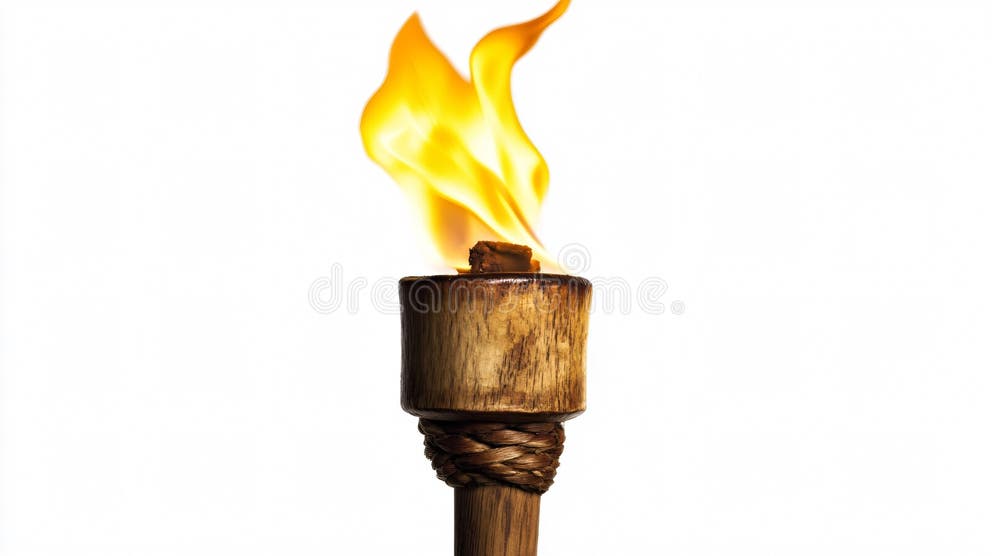 Rustic Wooden Torch with Fiery Flame on White Background Stock Image ...