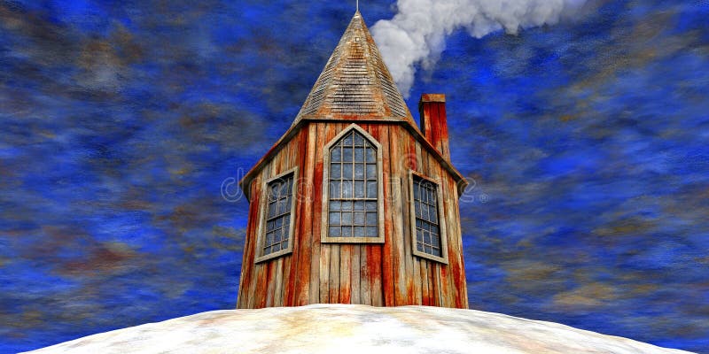 Rustic Wooden Tower House on Snowy Hilltop Under Dramatic Blue Sky ...