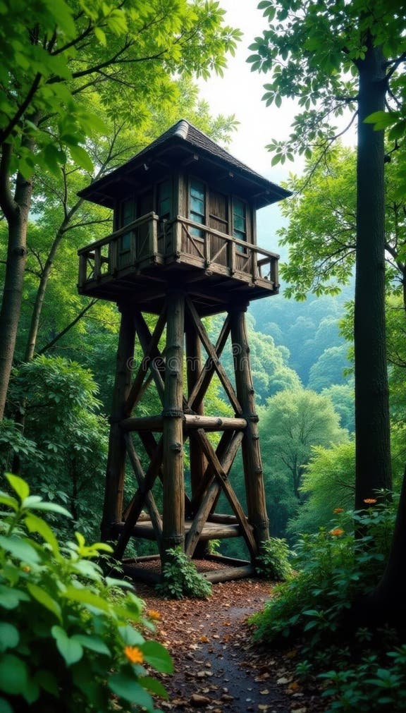 Rustic Wooden Tower Overlooking Dense Forest Canopy, Elevation ...