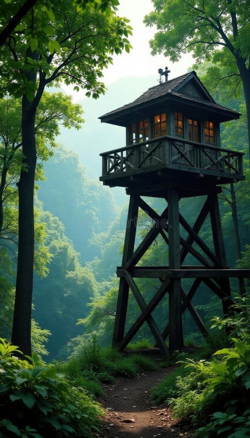 Rustic Wooden Tower Overlooking Dense Forest Canopy, Wilderness, Nature ...