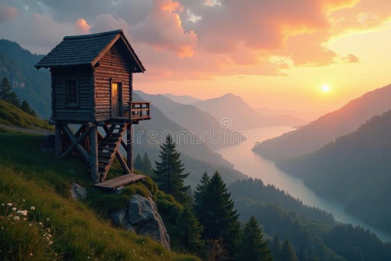 Rustic Wooden Tower Overlooking Misty Valley at Dawn, Nature, Daybreak ...